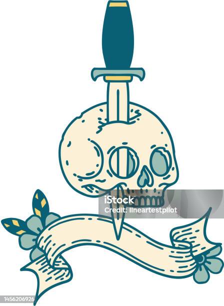 Tatouage Traditionnel Avec Bannière Dun Crâne Vecteurs Libres De Droits