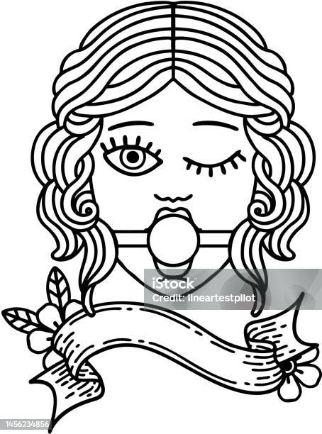 Tatouage Traditionnel Au Trait Noir Avec Bannière Dun Visage Féminin