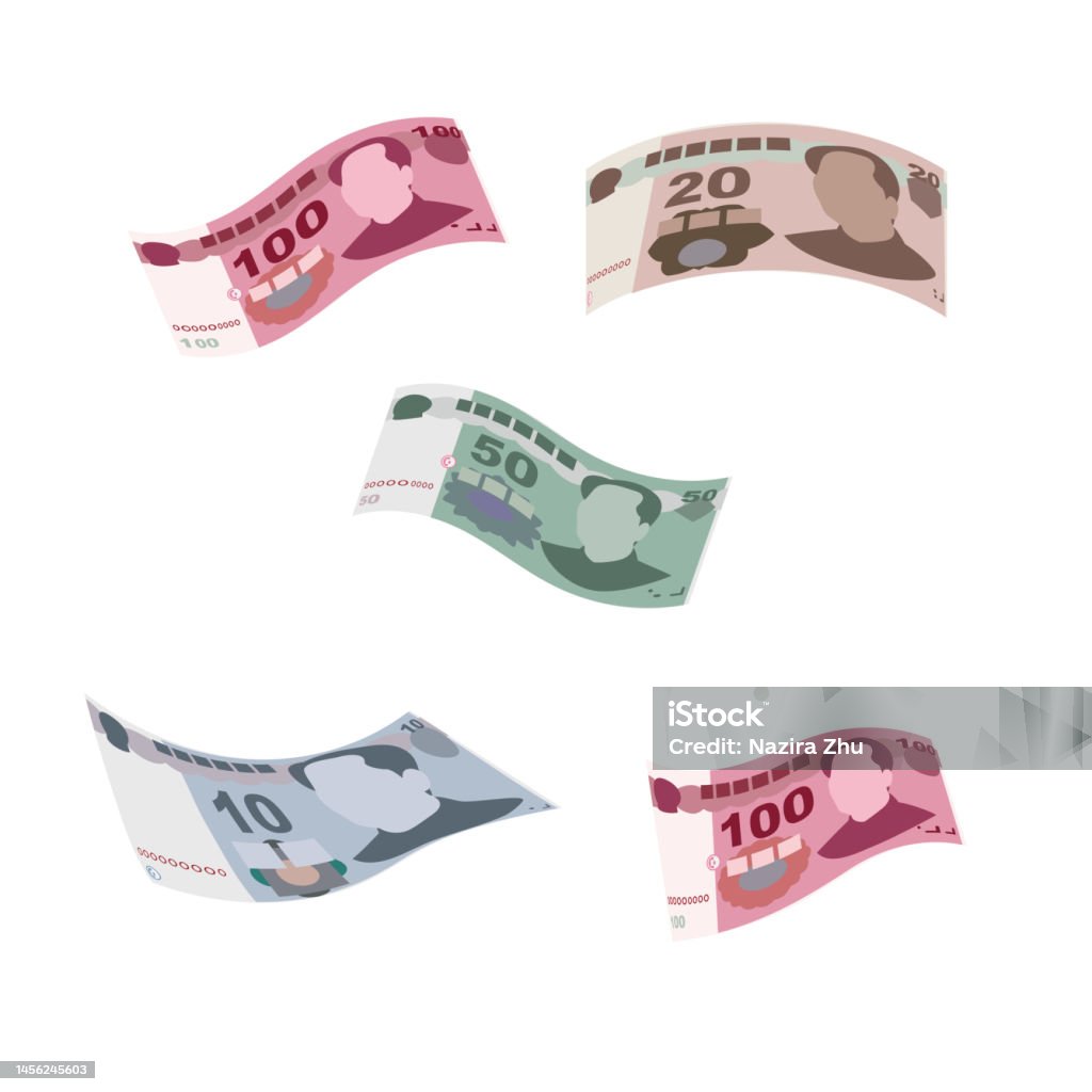 Yuan Renminbi Vector Illustration Chinese Money Set Bundle Banknotes