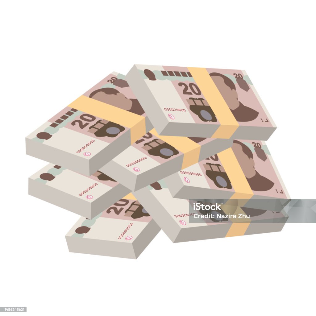 Yuan Renminbi Vector Illustration Chinese Money Set Bundle Banknotes Paper Money 20 Cny Flat