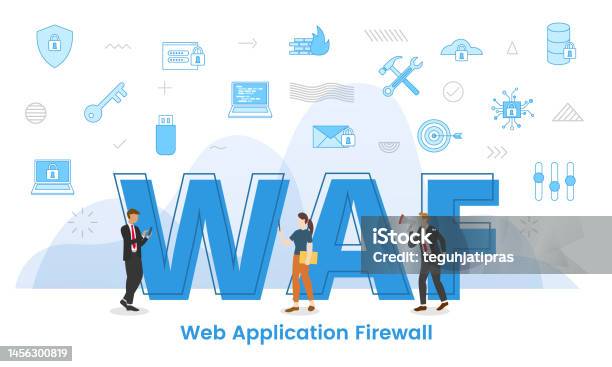 Konsep Firewall Aplikasi Web Waf Dengan Katakata Besar Dan Orangorang Dikelilingi Oleh Ikon