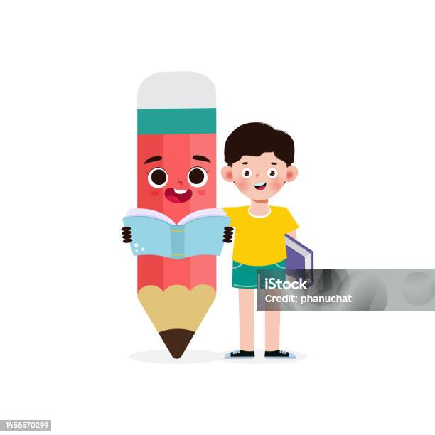 Enfant Posant Avec Un Personnage Au Crayon Retour À Lécole Dessin Animé