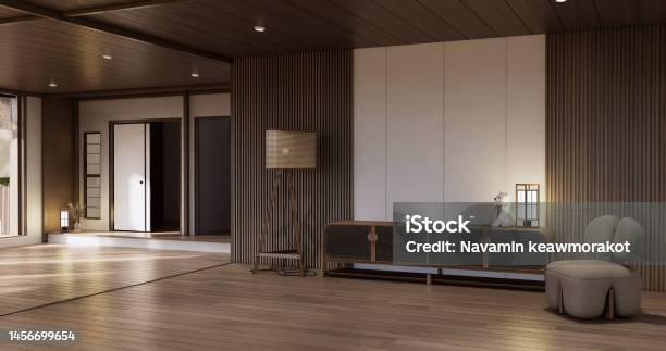 Kabinet Japandi Desain Kayu Pada Ruang Tamu Muji Style Empty Wall