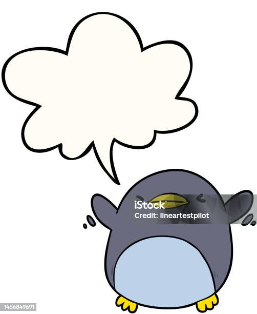 Mignon Pingouin De Dessin Animé Battant Des Ailes Avec Bulle De Parole