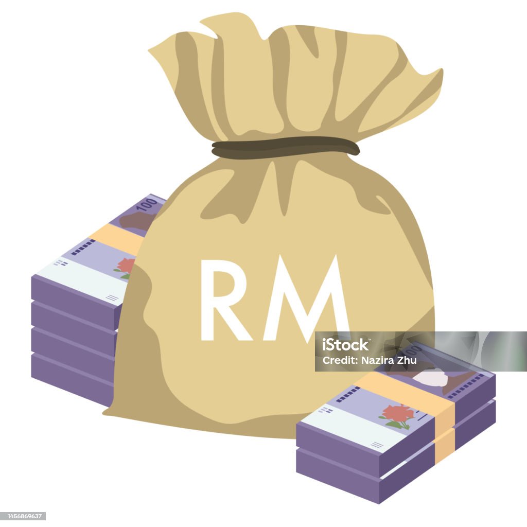 Ilustrasi Vektor Ringgit Malaysia Uang Malaysia Menetapkan Bundel Uang Kertas Kantong Uang 100