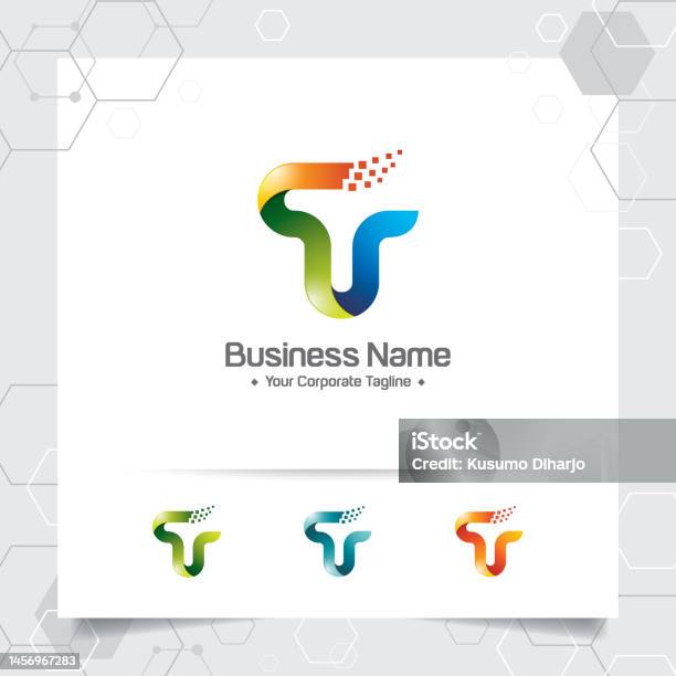 Vektor Desain Huruf T Logo Digital Dengan Piksel Warnawarni Modern