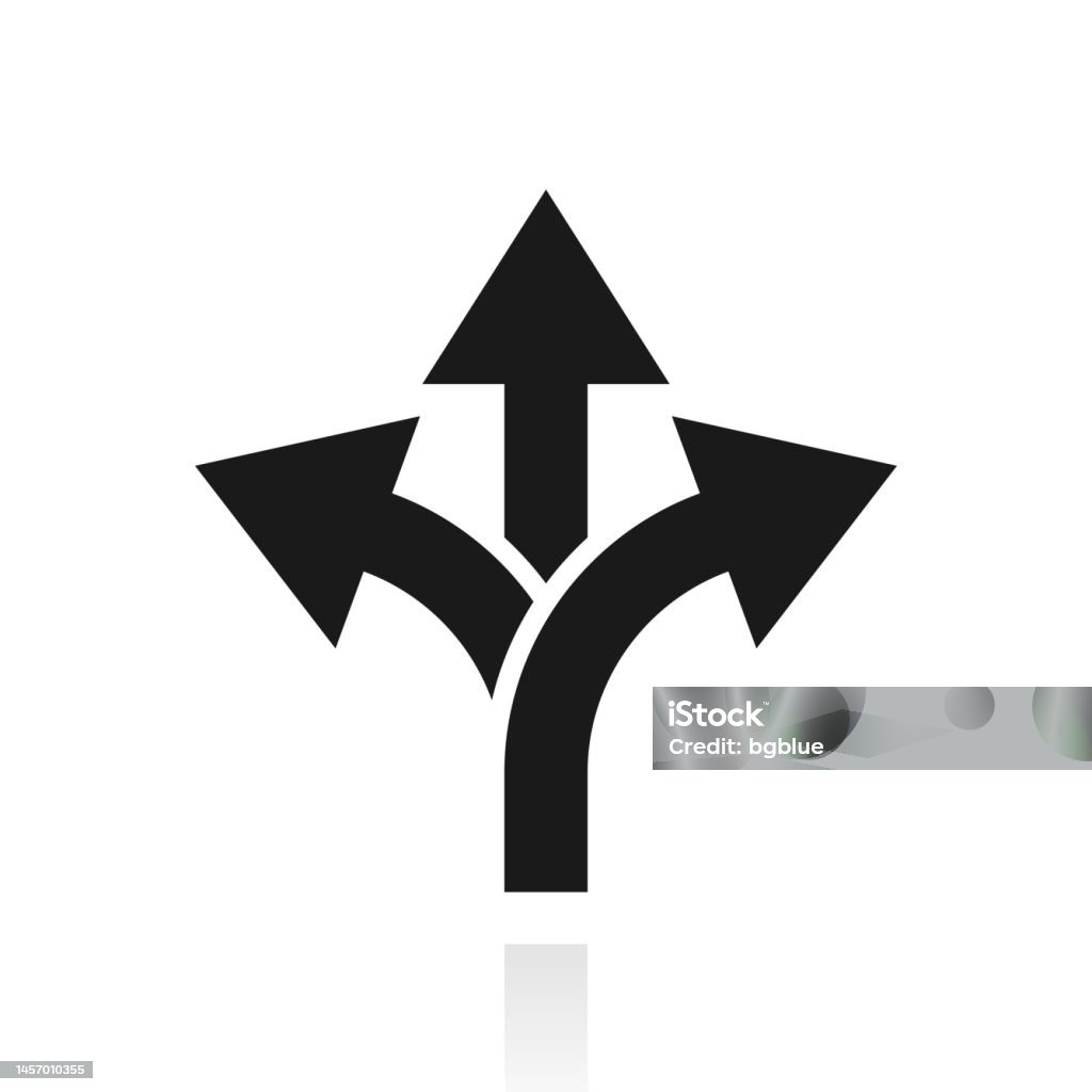 Three Way Direction Arrow Icon With Reflection On White Background