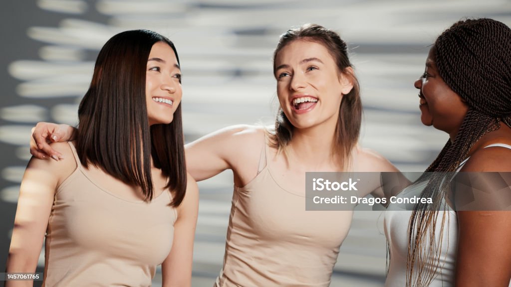 Interracial Group Of Girls Smiling For Body Acceptance Campaign Stock