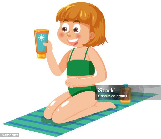 A Girl Applying Sunscreen Lotion While Sunbathing Stock Illustration