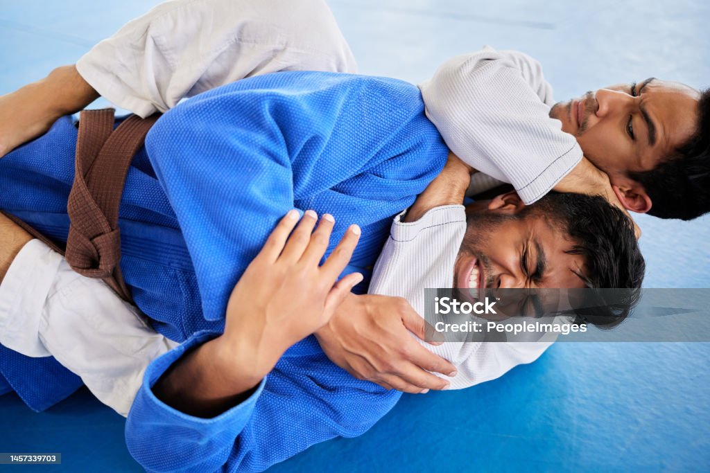 Men Martial Arts And Karate Choke Hold In Dojo To Practice Fighting ... Men Martial Arts And Karate Choke Hold In Dojo To Practice Fighting ...