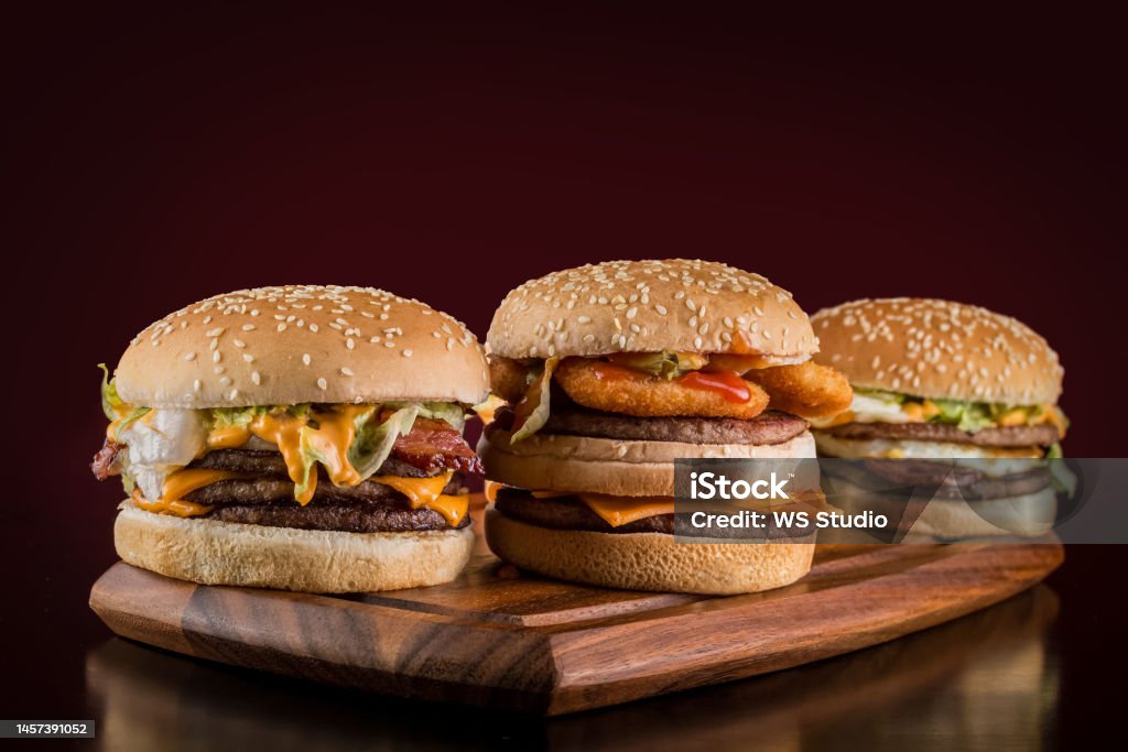 Burger Combo Three Different Types Of Hamburgers Stock Photo - Download ... Burger Combo Three Different Types Of Hamburgers Stock Photo - Download ...