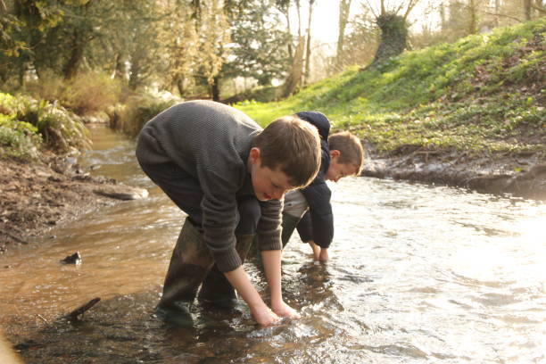 Free Stock Photo of Three Children Playing in a Stream of Water ...