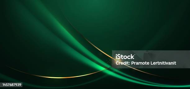 Abstract 3d Gold Curved Green Ribbon On Dark Green Background With