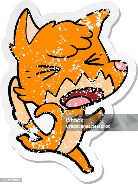 Autocollant En Détresse Dun Renard De Dessin Animé En Colère Courant