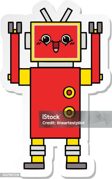 Autocollant Dun Mignon Robot De Dessin Animé Heureux Vecteurs Libres De