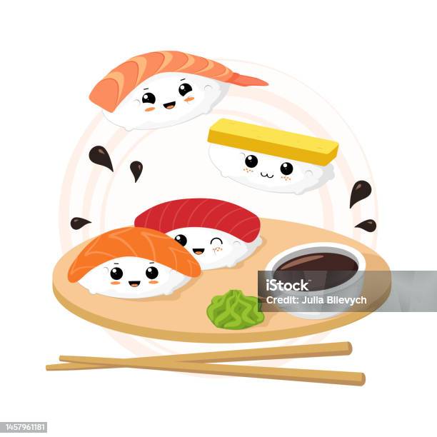 Karakter Sashimi Kawaii Diatur Dengan Kecap Sumpit Dan Wasabi Dalam