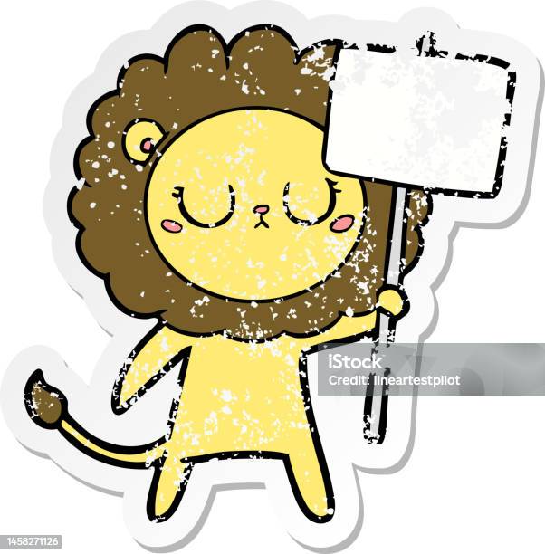 Autocollant En Détresse Dun Lion De Dessin Animé Avec Pancarte De