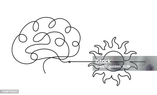 Soleil Abstrait Avec Cerveau Comme Dessin Au Trait Sur Fond Blanc