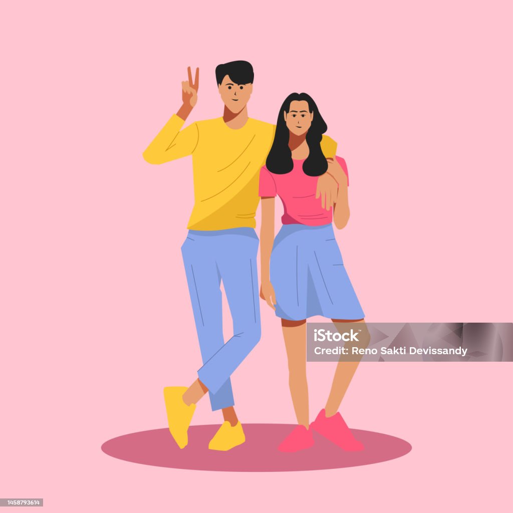 Jeune Couple Souriant Garçon Et Fille Debout Dans Ses Bras Vecteurs