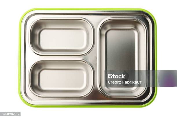 Empty Lunch Box With Metal Compartments Isolated On White Background