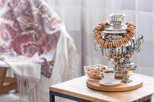Russian Traditions Tea Drinking With A Samovar Still Life With Bagels