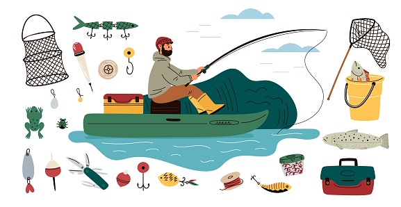 Éléments De Pêche Et De Pêche Lhomme Dans Un Bateau Pneumatique Lance