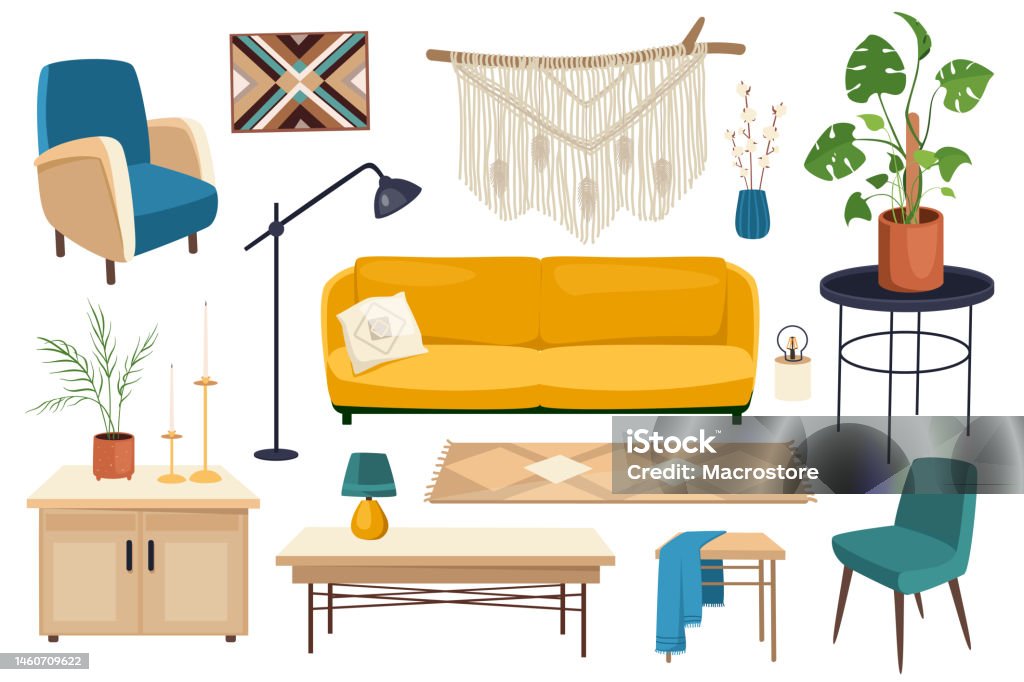 Interior Ruang Tamu Mengatur Elemen Grafis Dalam Desain Datar Bundel