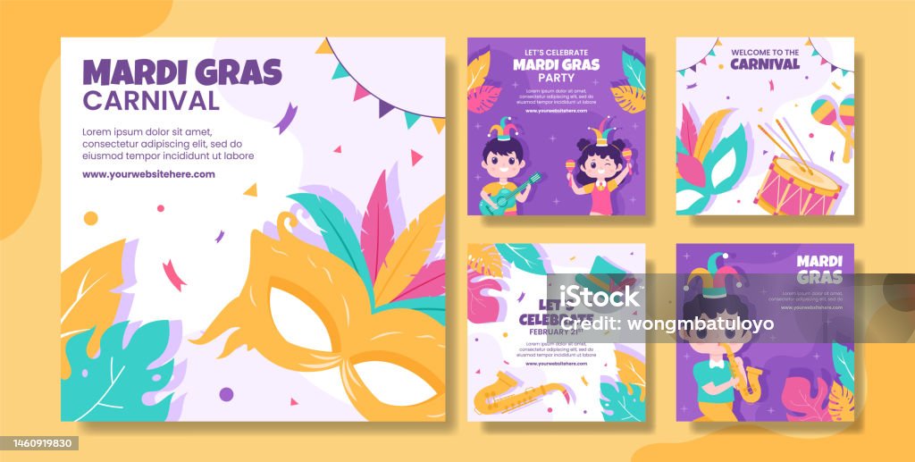 Mardi Gras Karneval Social Media Post Flat Cartoon Handgezeichnete ... Mardi Gras Karneval Social Media Post Flat Cartoon Handgezeichnete ...