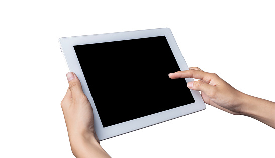 Close Up Tangan Dengan Layar Hitam Komputer Tablet Terisolasi Pada
