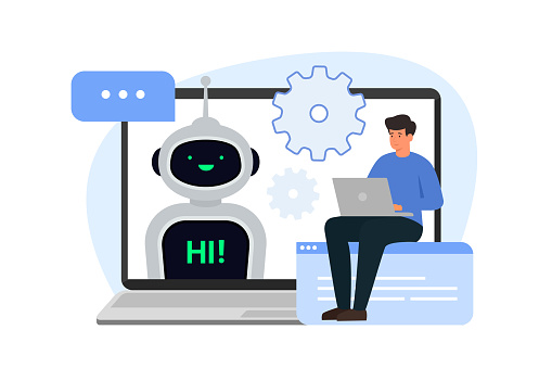 Konsep Dukungan Layanan Pelanggan Chatbot Pria Duduk Dan Mengobrol ... Konsep Dukungan Layanan Pelanggan Chatbot Pria Duduk Dan Mengobrol ...