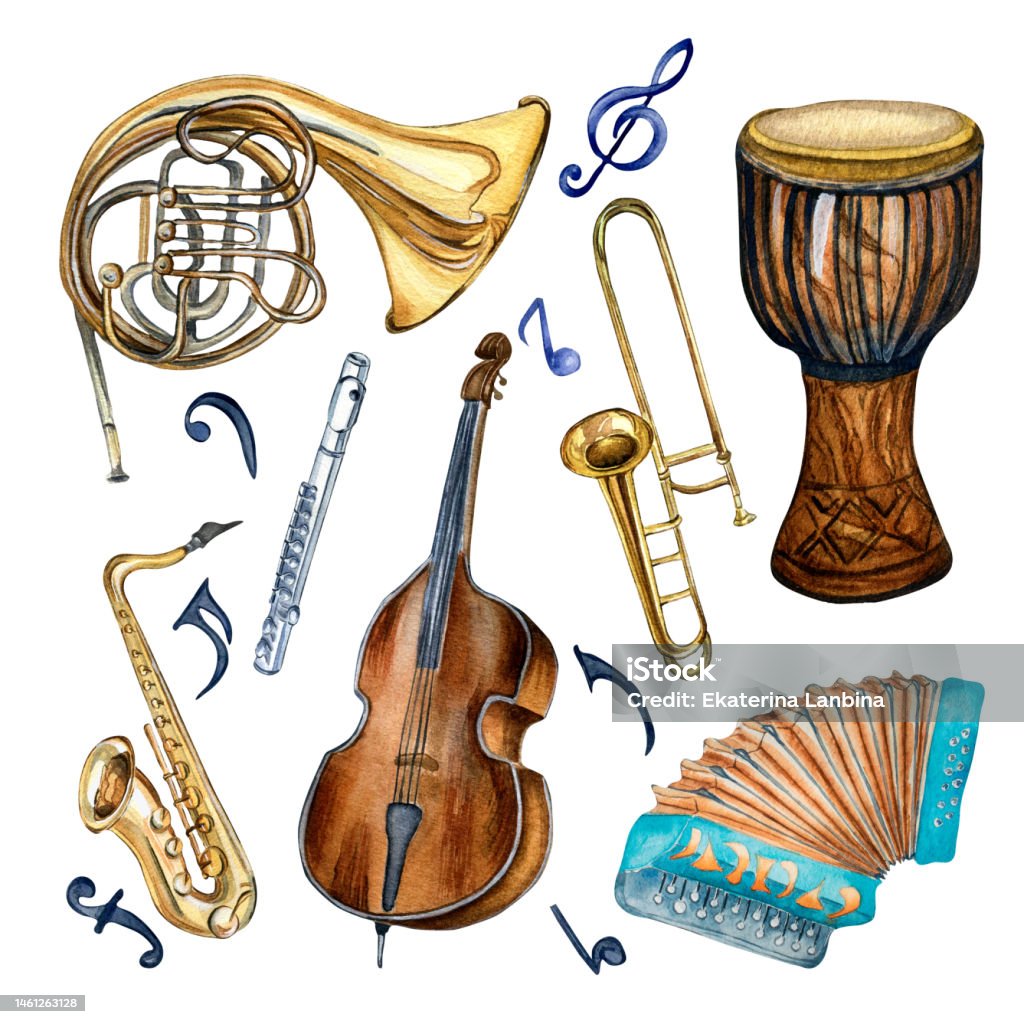 Ensemble De Divers Instruments De Musique Et Symbole Aquarelle
