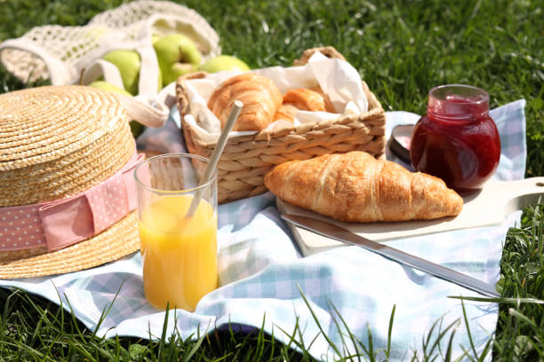 Free Stock Photo of Picnic Basket Setup with a Drink and Croissant | Download Free Images and ...