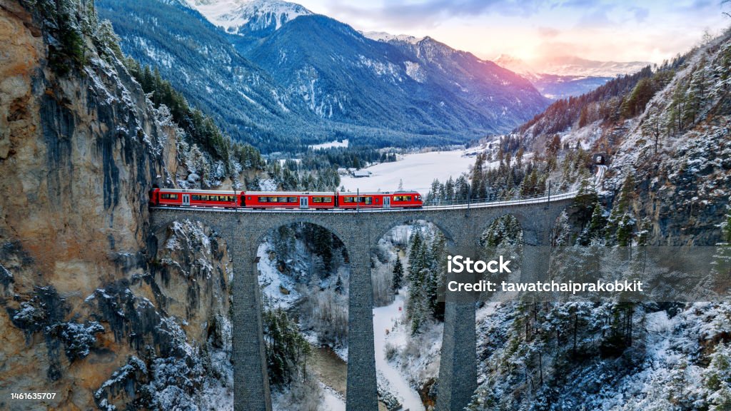 Aerial View Of Train Passing Through Famous Mountain In Filisur ... Aerial View Of Train Passing Through Famous Mountain In Filisur ...