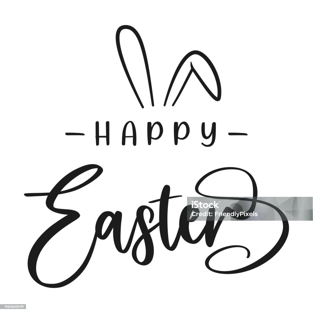 Happy Easter Lettering With Bunny Ears Vector Illustration Stock