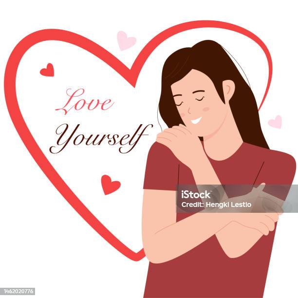 Flat Vector Cartoon Of A Woman Hugging Herself Stock Illustration