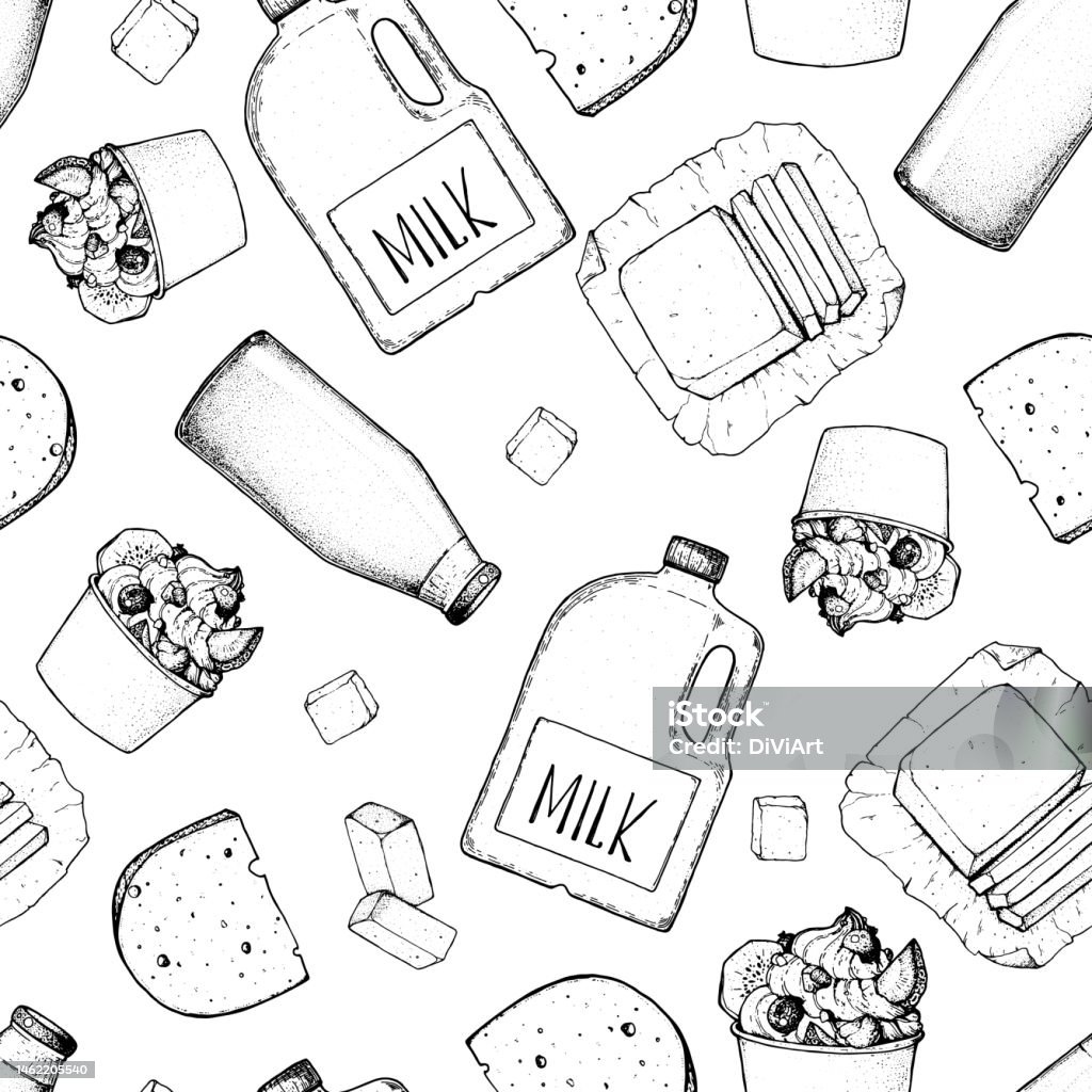 Dairy Products Hand Drawn Vector Illustration Seamless Pattern Organic