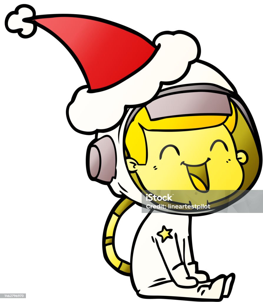 Happy Hand Drawn Gradient Cartoon Of A Astronaut Wearing Santa Hat