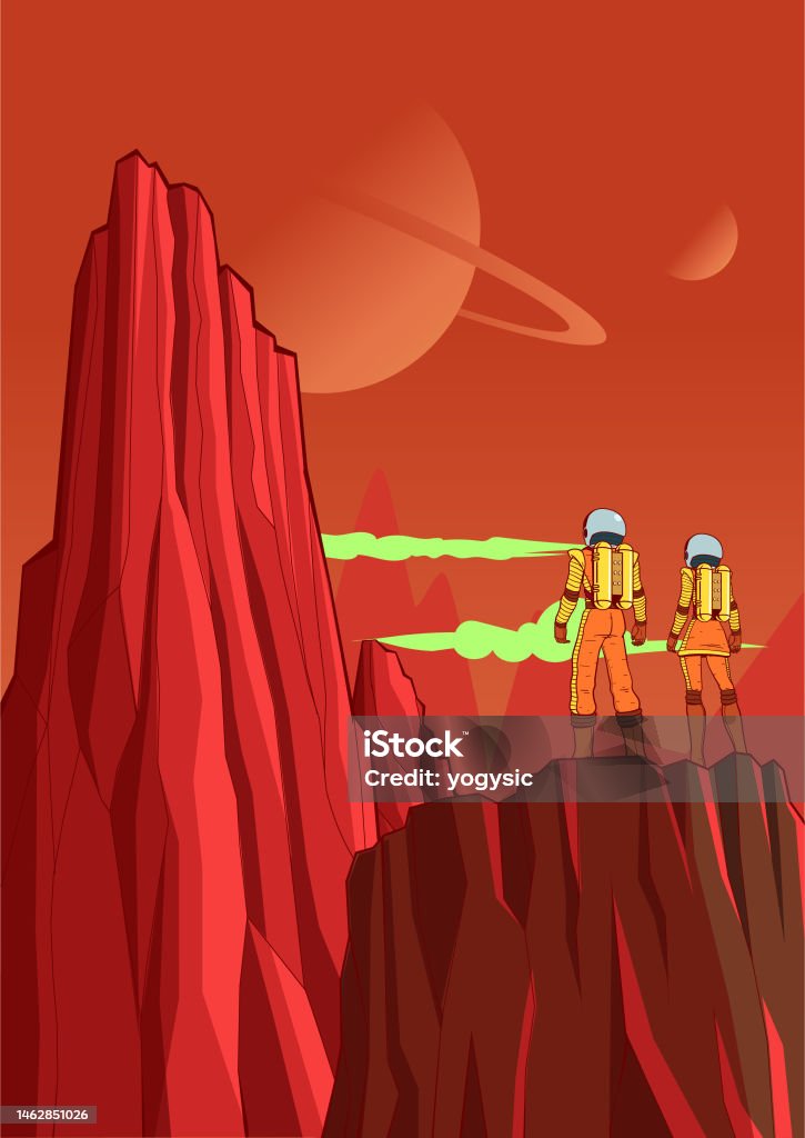 Vector Retro Astronaut Couple Exploring A New Red Planet Cartoon Stock