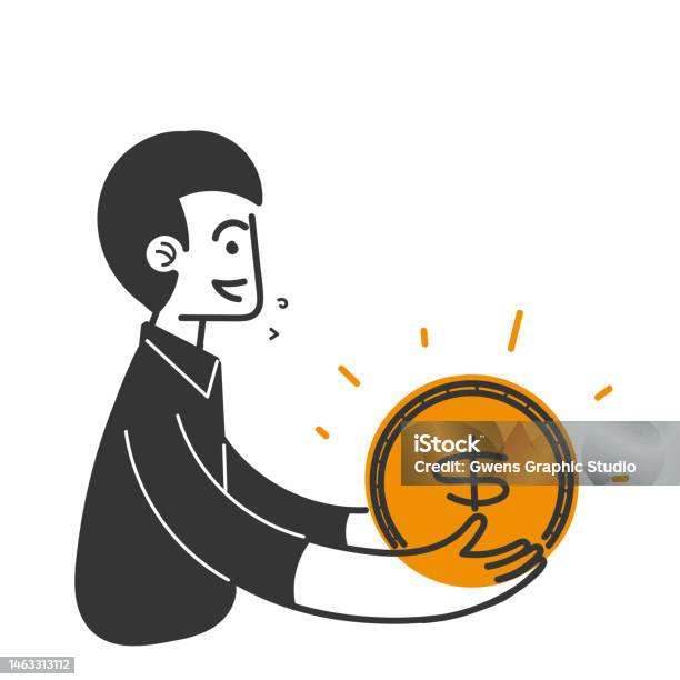 Orang Doodle Yang Digambar Tangan Memegang Ilustrasi Koin Emas