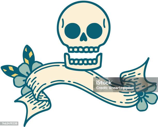 Tatouage Traditionnel Avec Bannière Dun Crâne Vecteurs Libres De Droits
