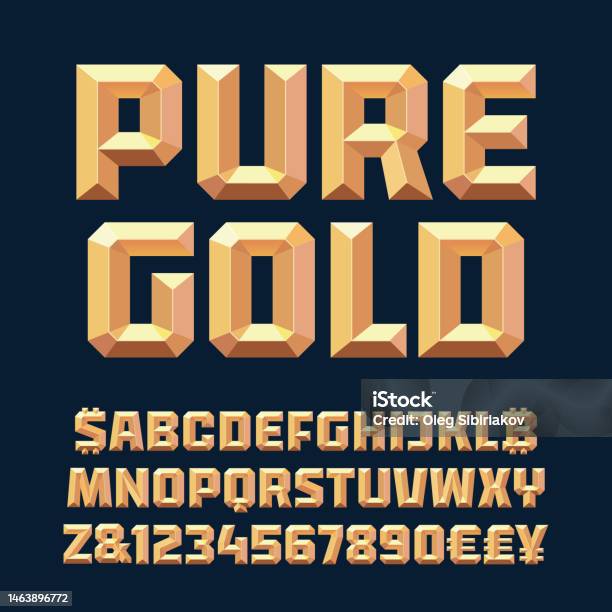 Font Alfabet Angka Dan Simbol Mata Uang Miring Logam Emas Efek 3d Emas