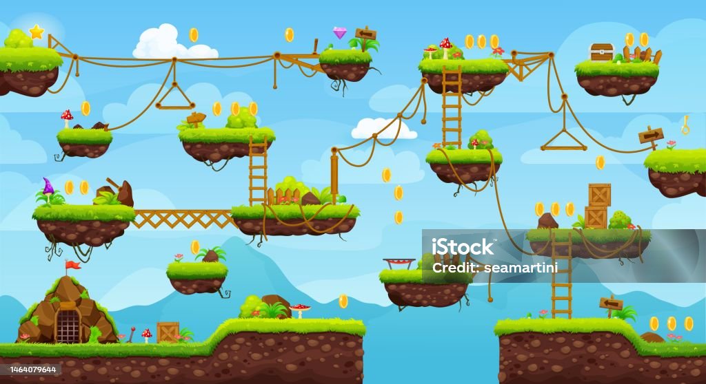 2d Arcade Game Level Map Interface Gui Platforms Stock Illustration