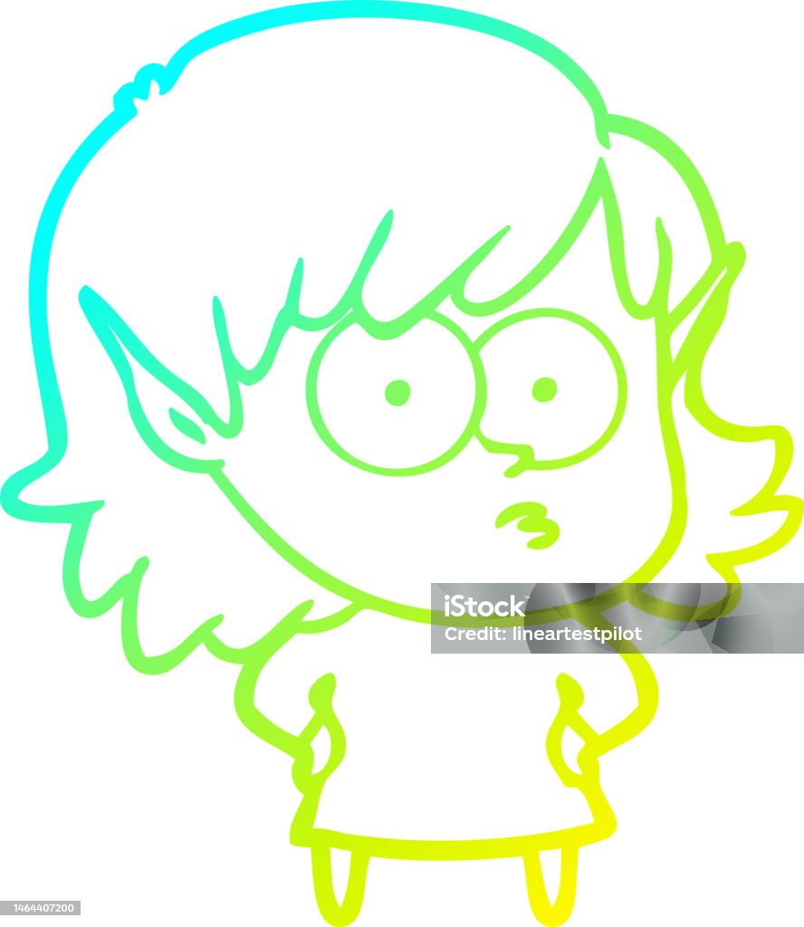 Dessin Au Trait Dégradé Froid Dune Fille Elfe De Dessin Animé Regardant