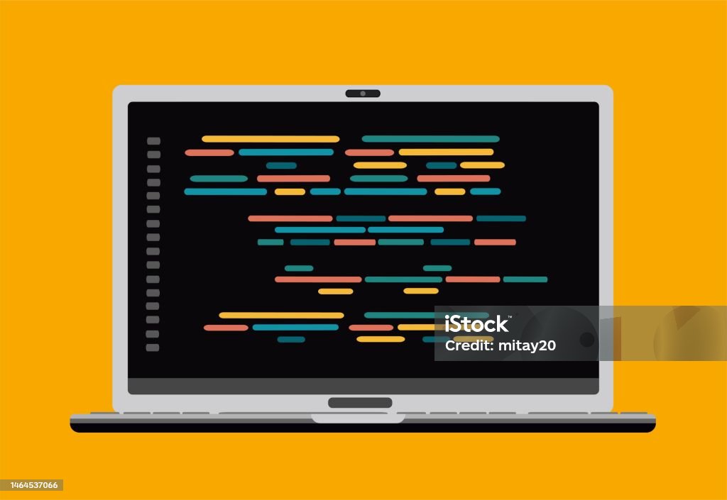 Computer Software With Programming Coding Text Application Window On Laptop Screen Flat Vector