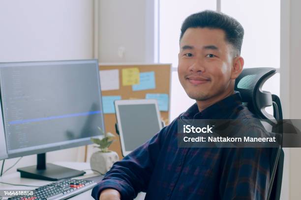 Portrait Young Asian Man Developer Programmer Software Engineer It Support Look At Camera And