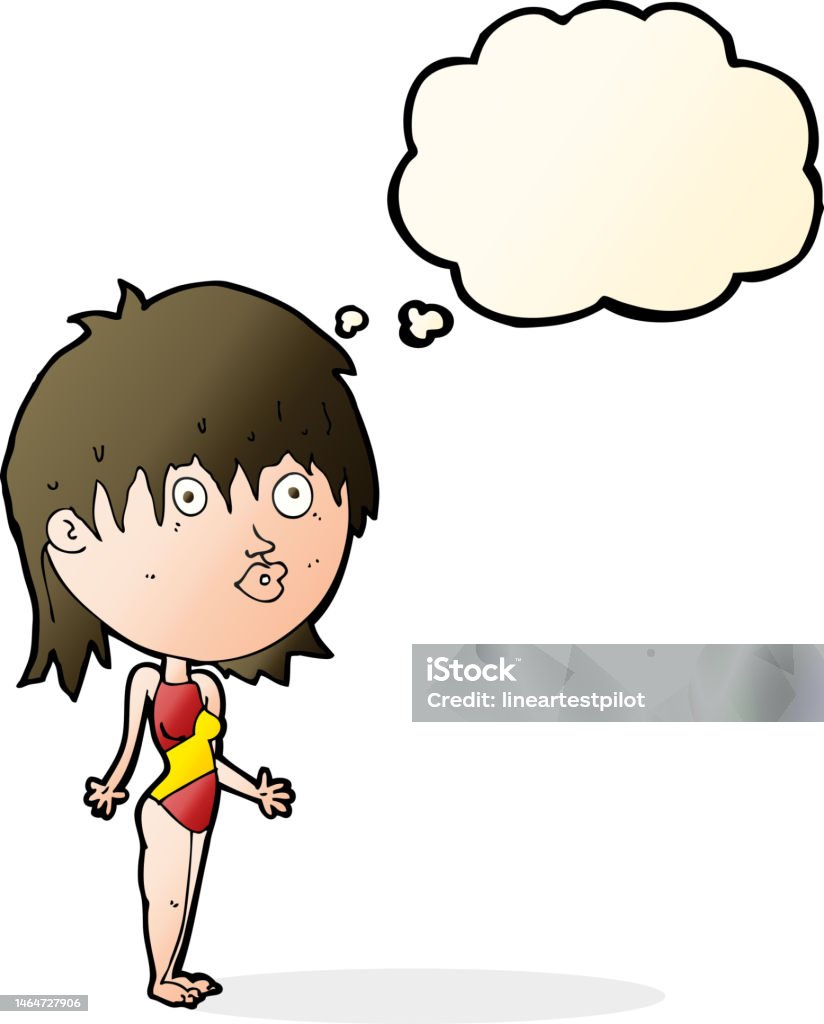 Cartoon Woman In Swimsuit Shrugging Shoulders With Thought Bubble Stock