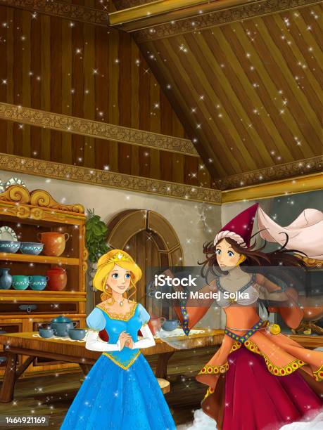 Scène De Dessin Animé Avec Une Princesse Dans Une Cuisine De Ferme