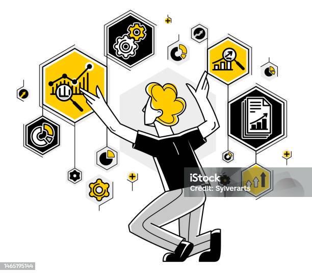 Worker Analyzes Some Data And Systematizing Information Vector Outline
