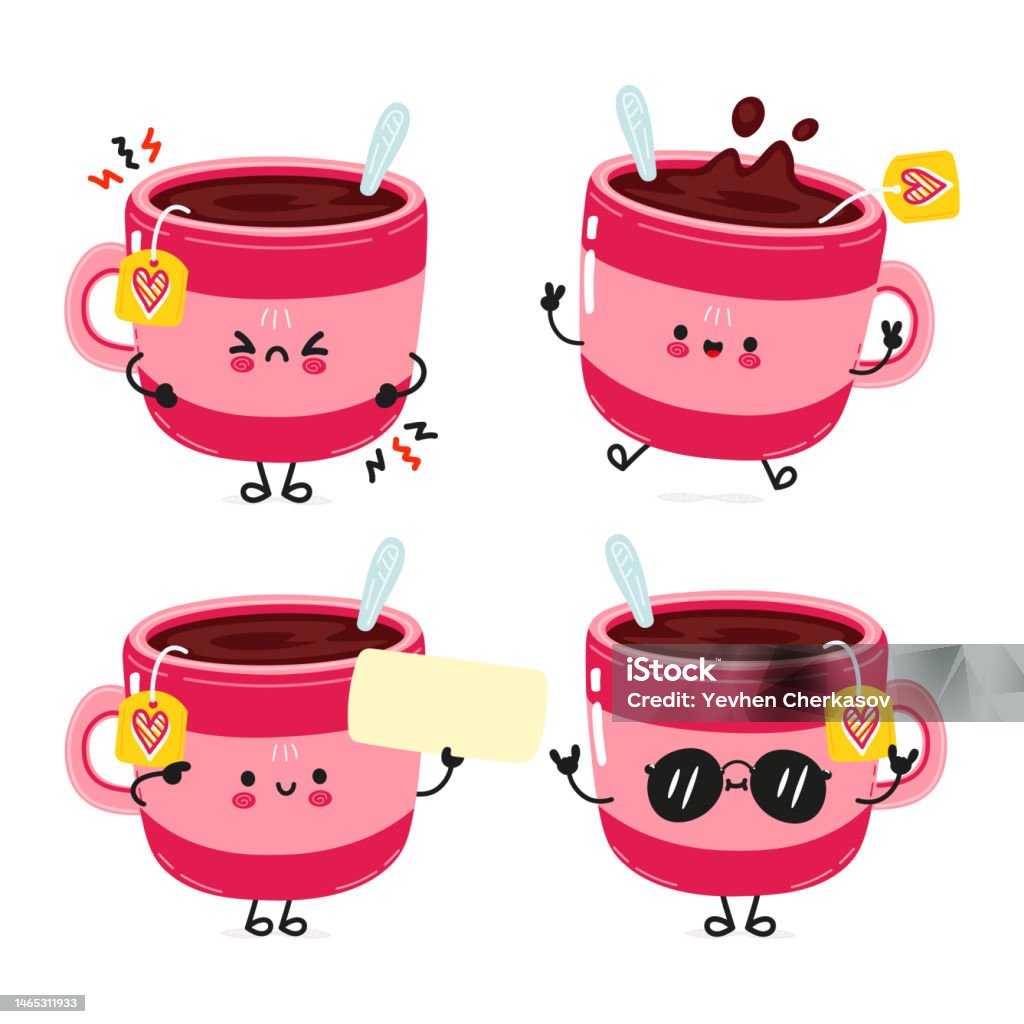 Funny Cute Happy Pink Cup Of Tea Characters Bundle Set Vector Hand