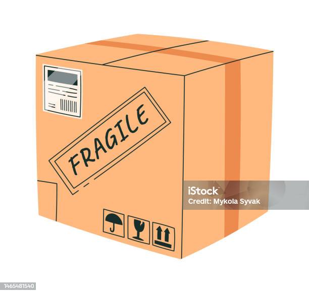 Icône Plate De Boîte En Carton Autocollant Fragile Vecteurs Libres De